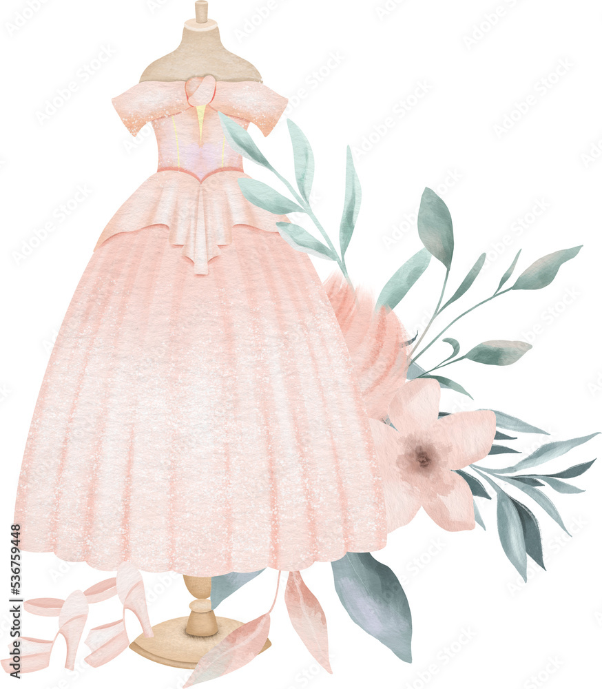Watercolor fairy tale element of princess story - princess pink dress ...