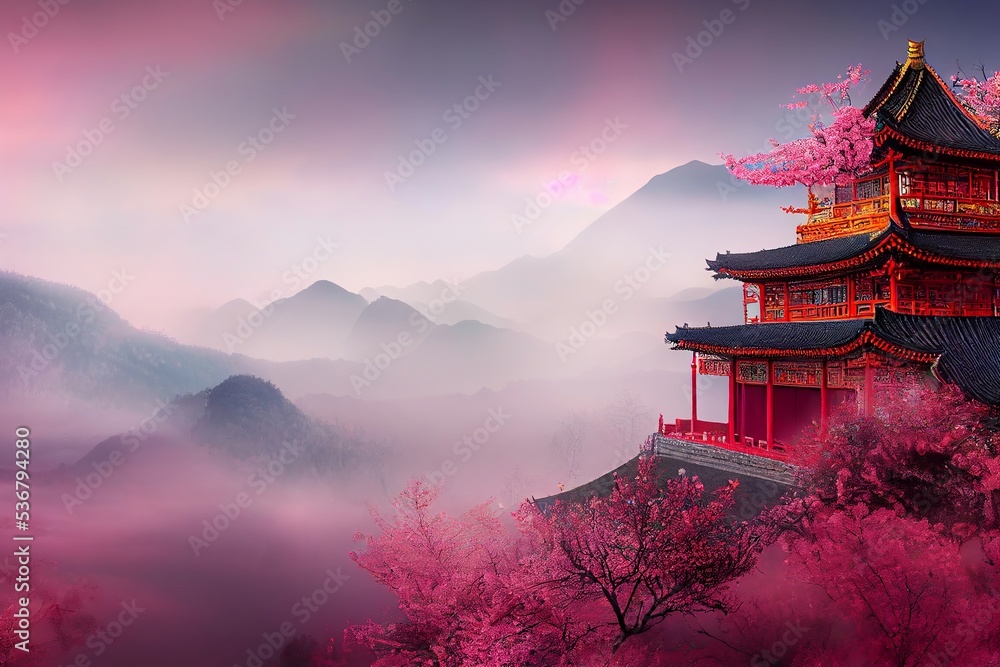 Chinese temple on a foggy mountain with sakura trees Stock Illustration ...