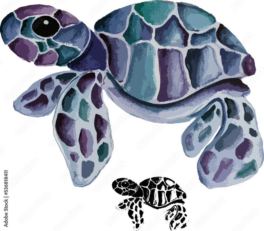 Hand drawn watercolor vector turtle. Colored turtle. Logo. Silhouette ...