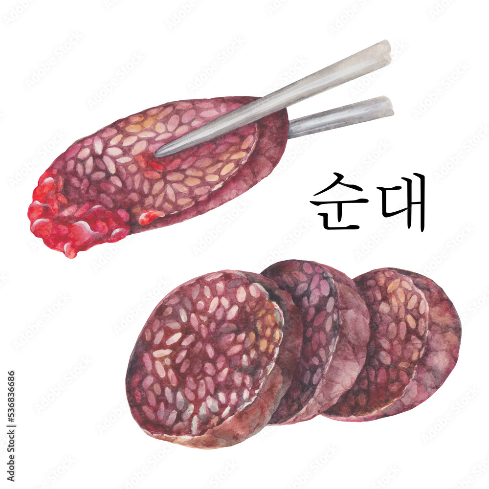Watercolor illustration of Soondae. Korean blood sausages. Popular ...
