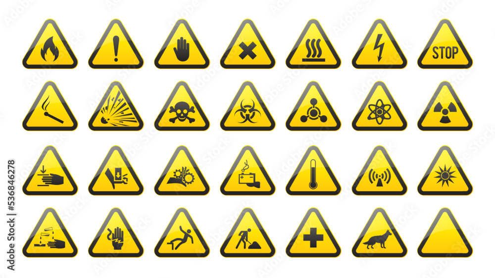 Set of Triangular Warning Hazard Signs. Danger icons collection. Poison ...
