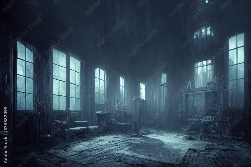 creepy interior of an abandoned building background, concept art, digital illustration, haunted ...