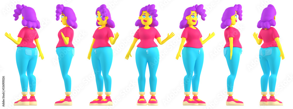 3d render girl character for animation, side, rear, front view. Young ...