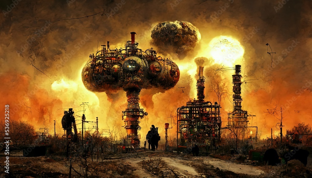 Steampunk nuclear explosion, missile, post apocalyptic world ...