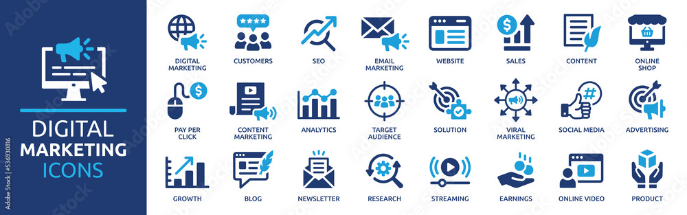 Digital marketing icon set. Containing seo, content, website, social ...