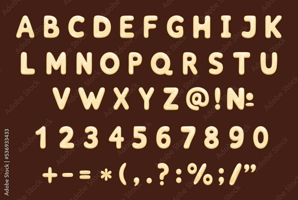White chocolate font type, sweety typeface and milky choco alphabet, vector text letters. Sweet ...