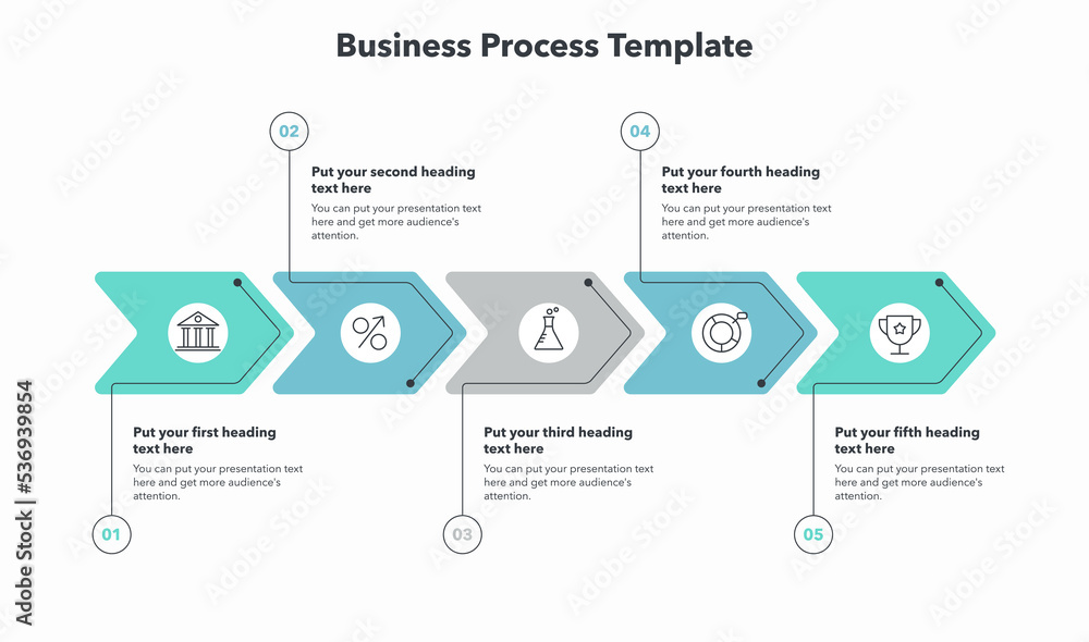 Simple business process template with five colorful stages. Slide for ...