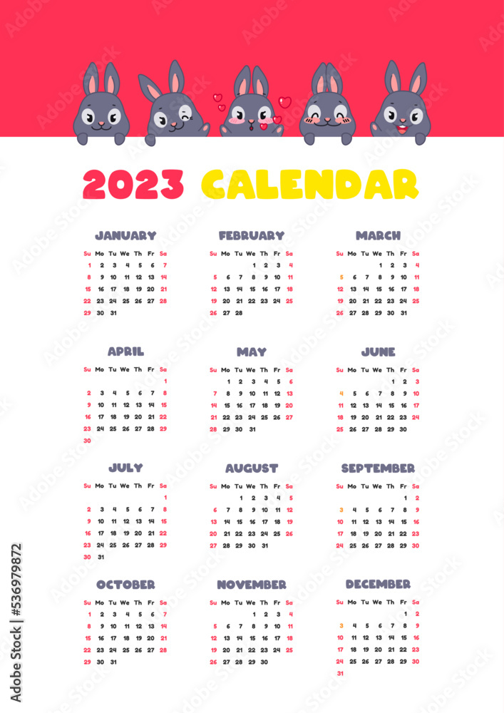Wall calendar 2023 template with cute bunny. Printable vertical a4 ...