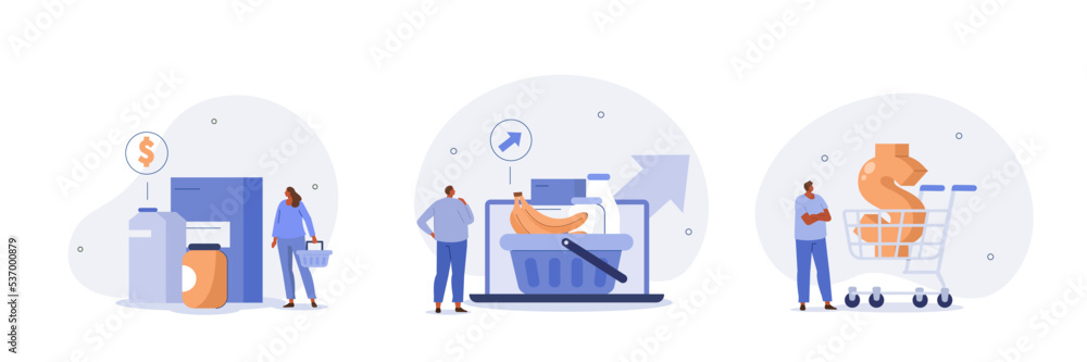 Inflation illustration set. Characters buying food in supermarket and ...