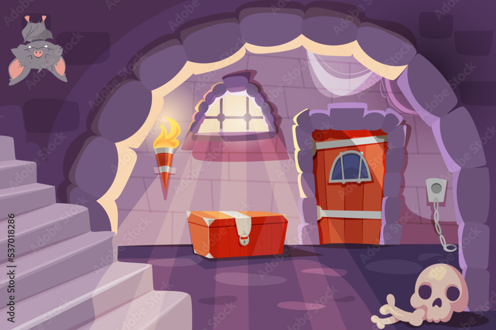 Vector cartoon of castle dungeon with torch with fire, iron shackles on ...