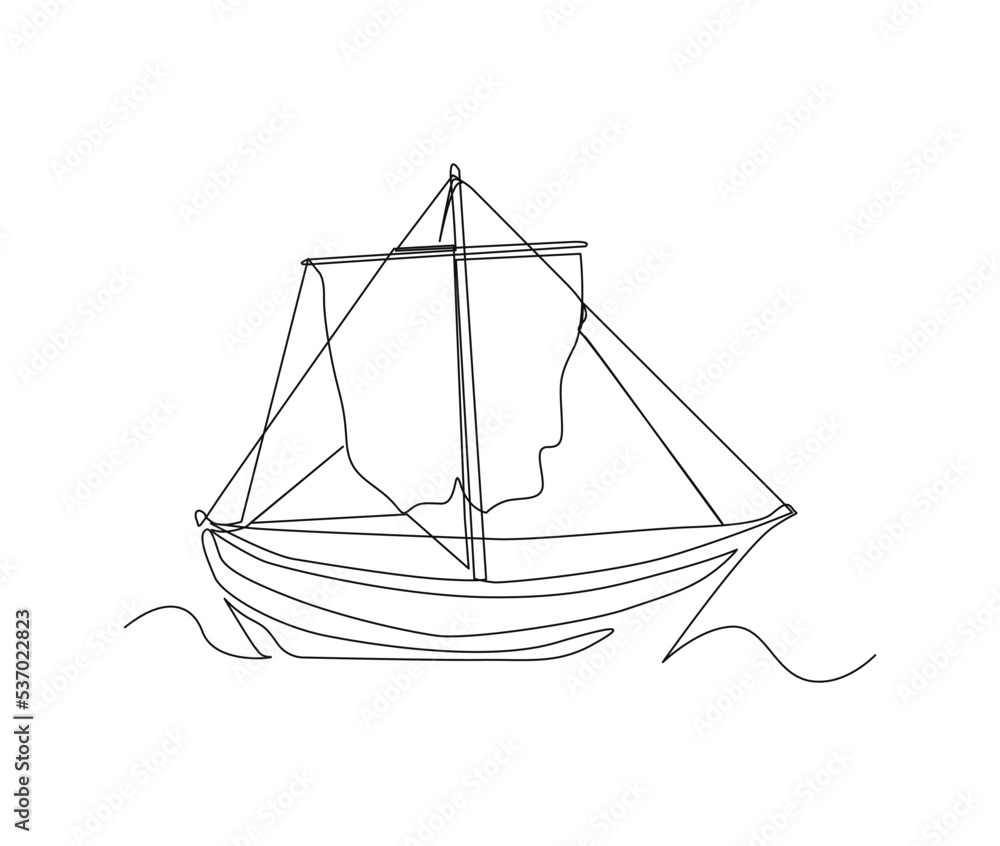 Continuous line art drawing of sail boat. Wooden sailboat single line ...