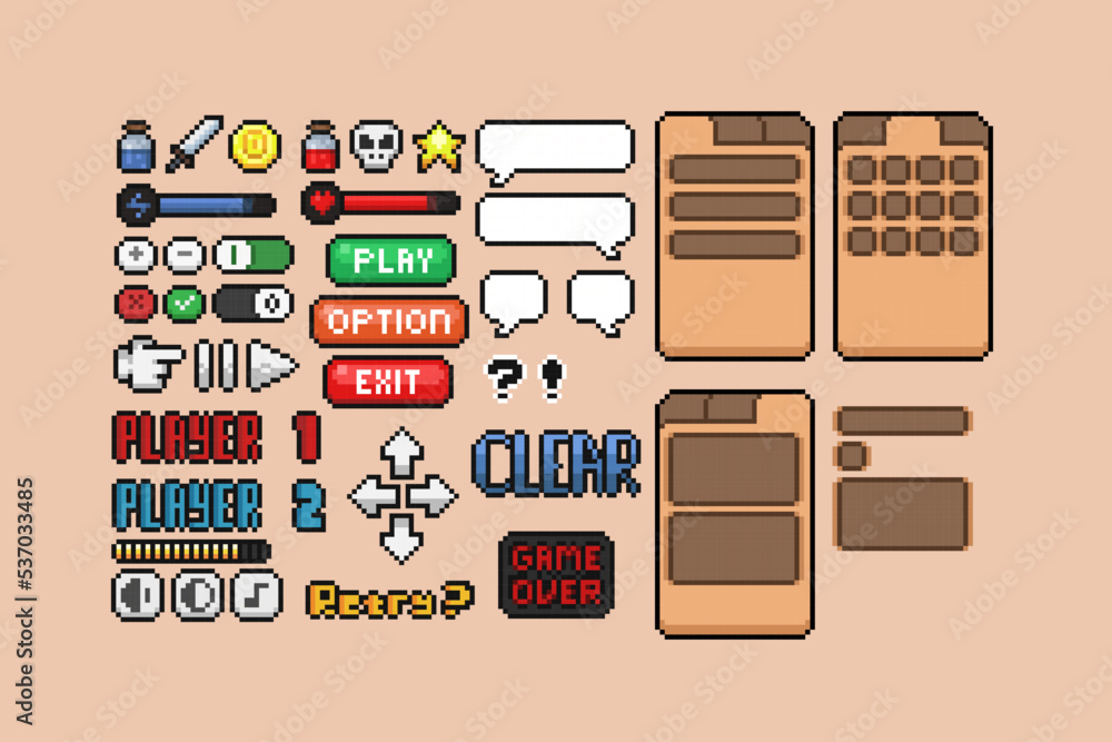 simple game ui collection set in pixel art style 素材庫向量圖 | Adobe Stock