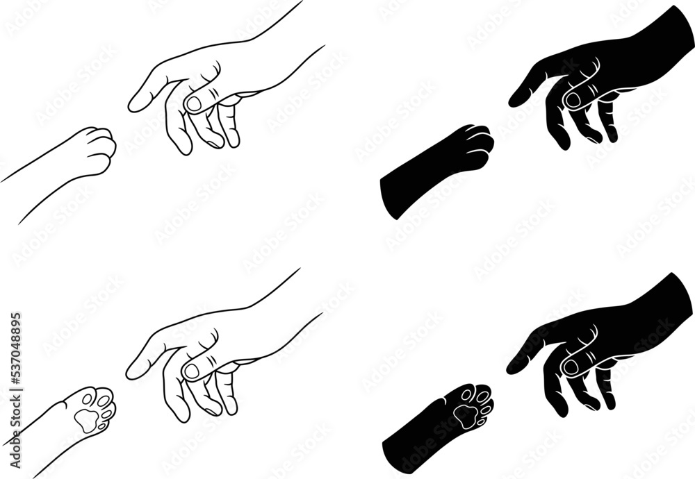 Cat Paw Reaching for Human Hand Clipart - Outline & Silhouette Stock ...