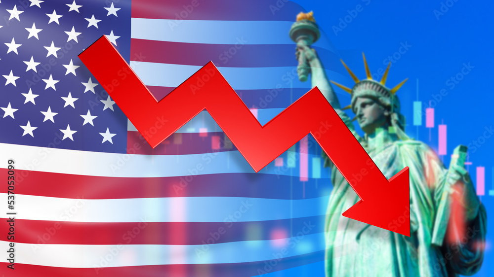 Falling financial graph. USA flag and declining quotes. Reducing ...