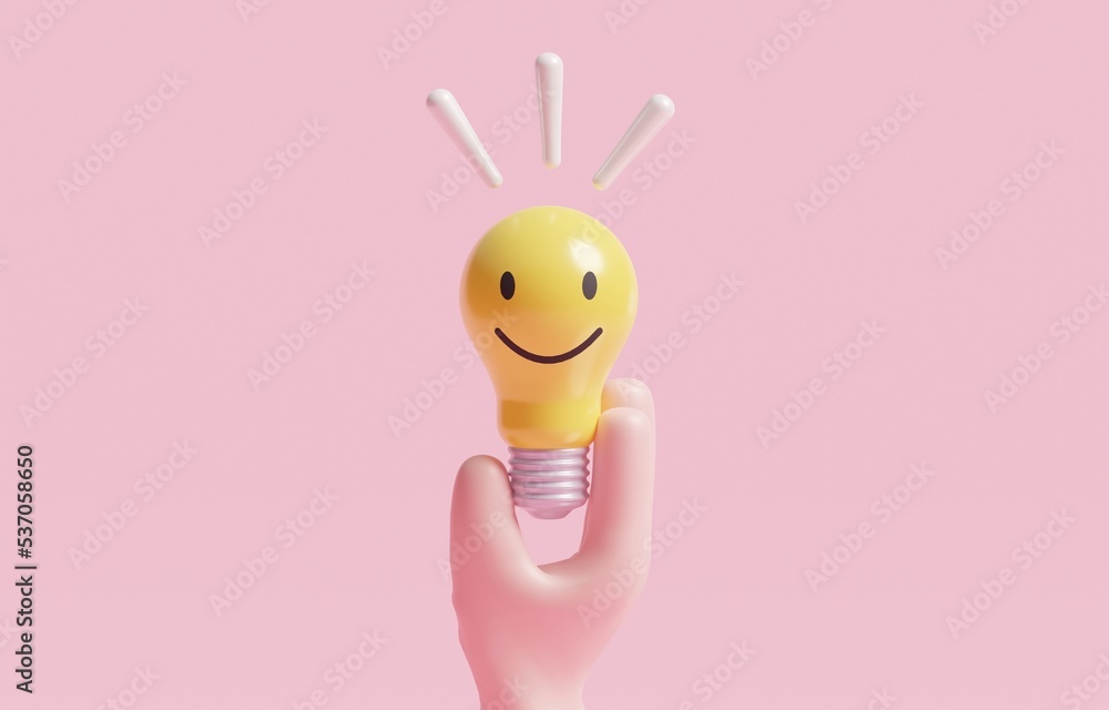 Hand holding light bulb of happy face, optimistic or positive thinking ...