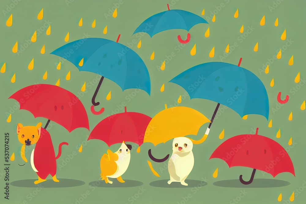 Cute animals are using umbrellas with their friends on a rainy day ...