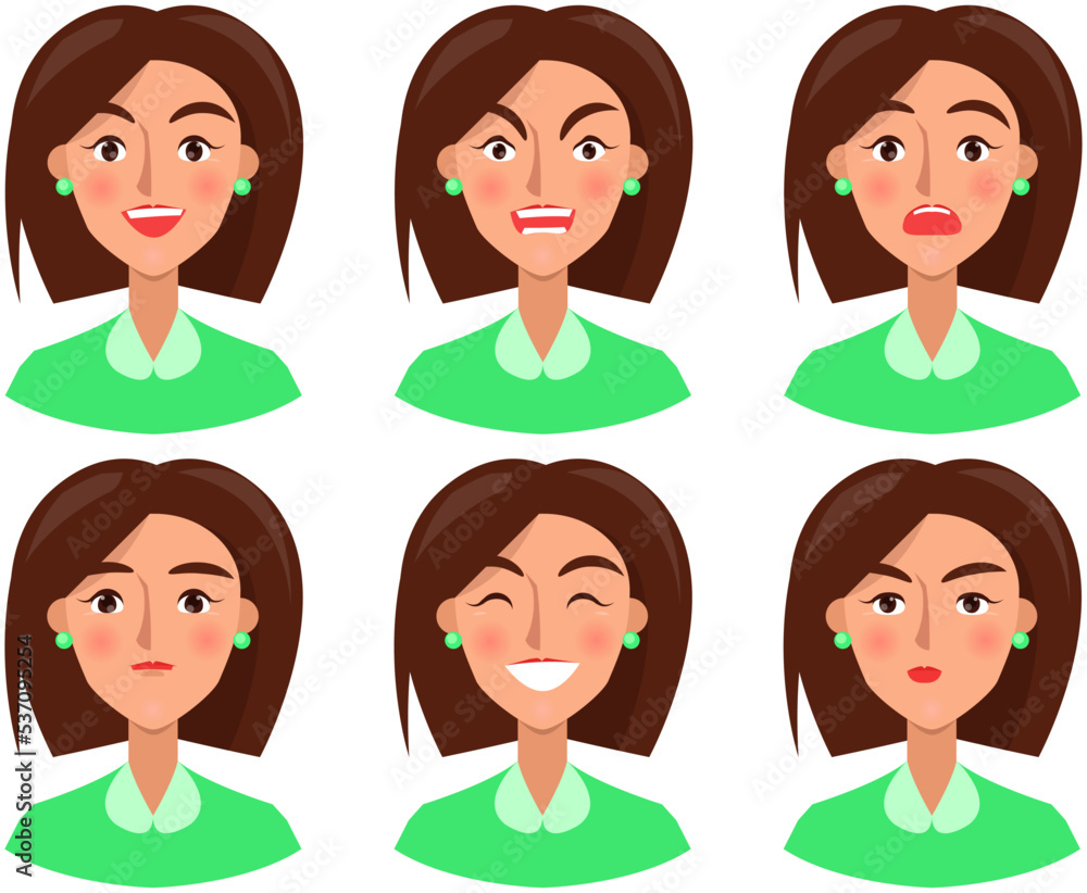 Positive and negative face expressions of woman. Cute faces of cartoon characters vector ...