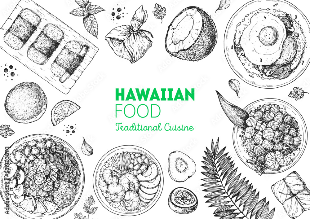 Hawaiian food top view vector illustration. Food menu design template ...
