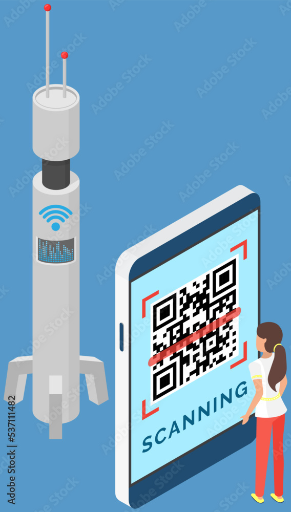 QR wireless payment. Woman stands with smartphone and scanning barcode ...