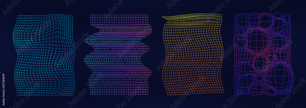 Image vectorielle Stock Retrofuturistic neon grid with effect glitch and deformation. Shapes ...