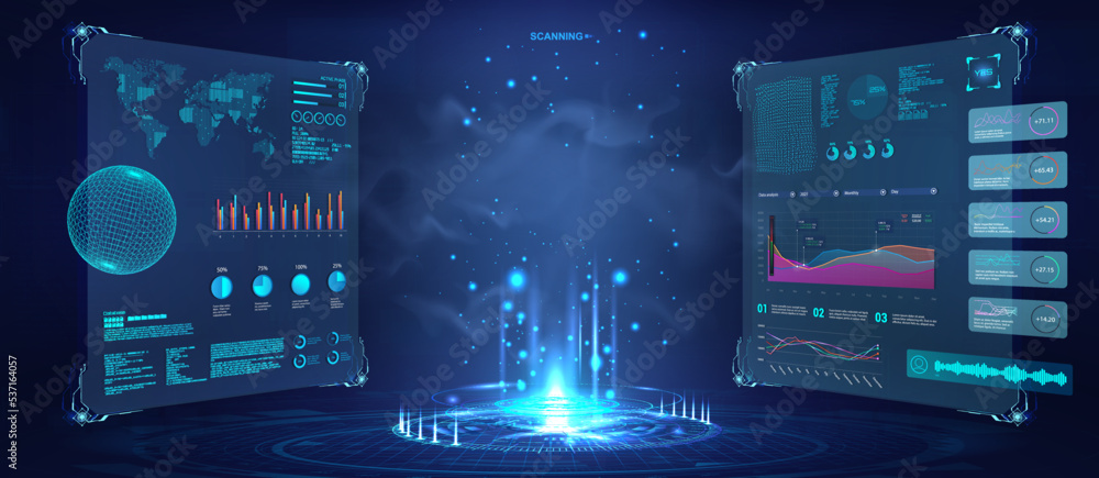 Futuristic 3D lab with hologram with HUD interface in perspective view ...