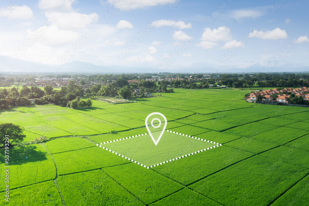 Land plot in aerial view. Identify registration symbol of vacant area ...