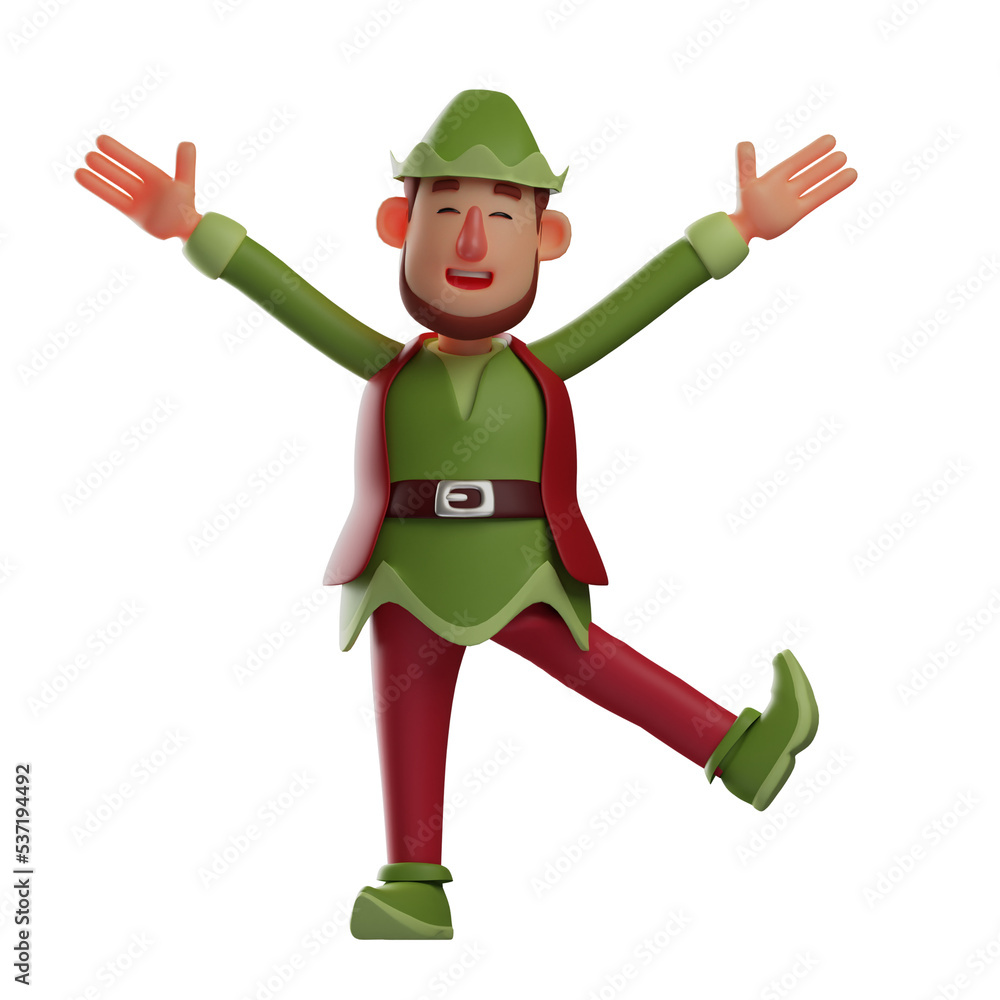 3D illustration. 3D Elf Cartoon Character standing on one leg in lift ...