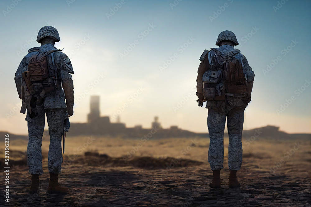 Soldiers stand behind. Back view. Military people. Warrior man. 3d ...