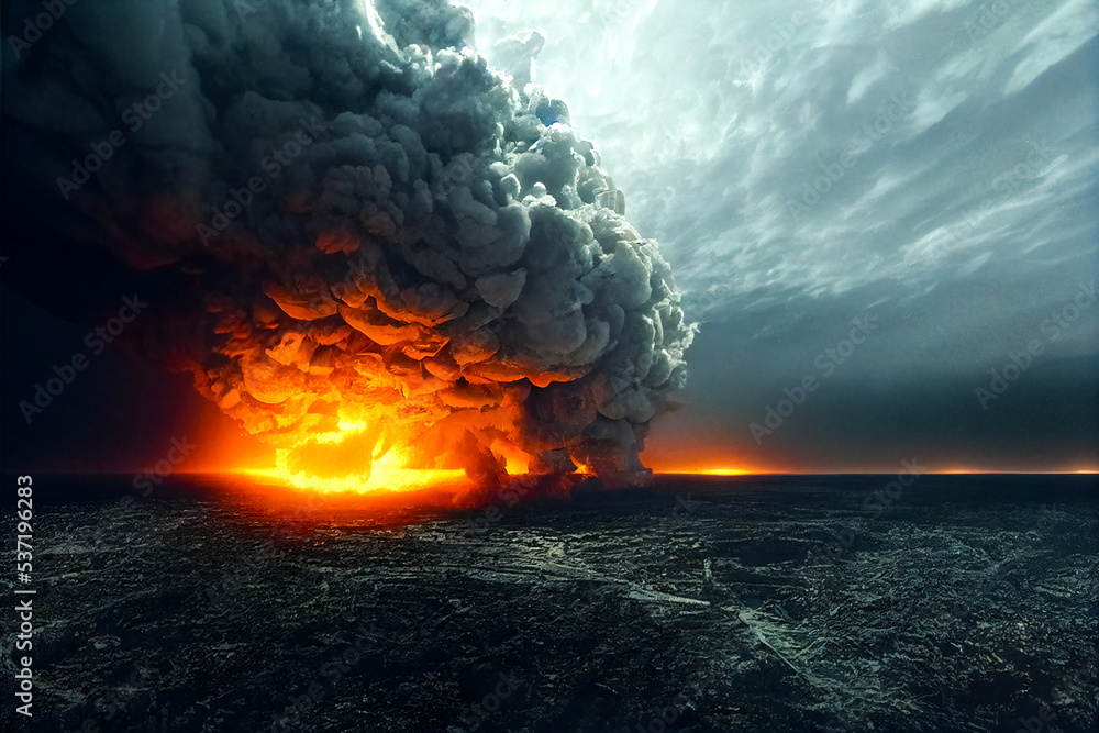 nuclear explosion. Atomic mushroom detonation. Aerial view planet earth ...