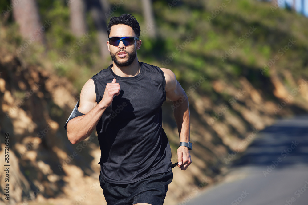 Running, man and outdoor cardio fitness in nature for wellness ...