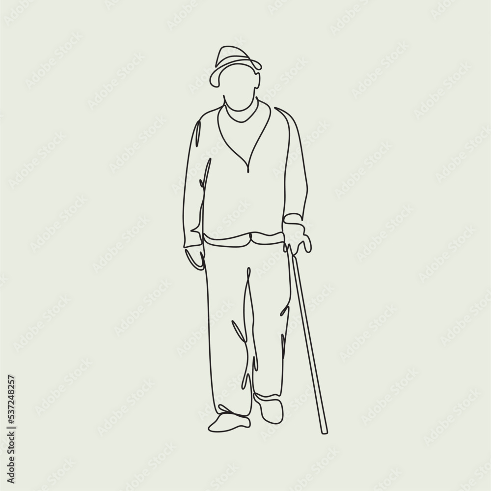 Elderly overweight man with stick. Continuous one line drawing. Vector ...