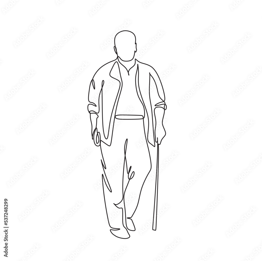 Elderly overweight man with stick. Continuous one line drawing. Vector ...