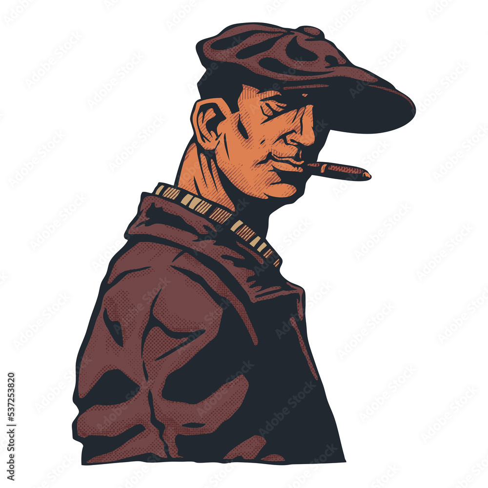 Стоковая иллюстрация «Male gangster with a cigar in a cap, a retro ...