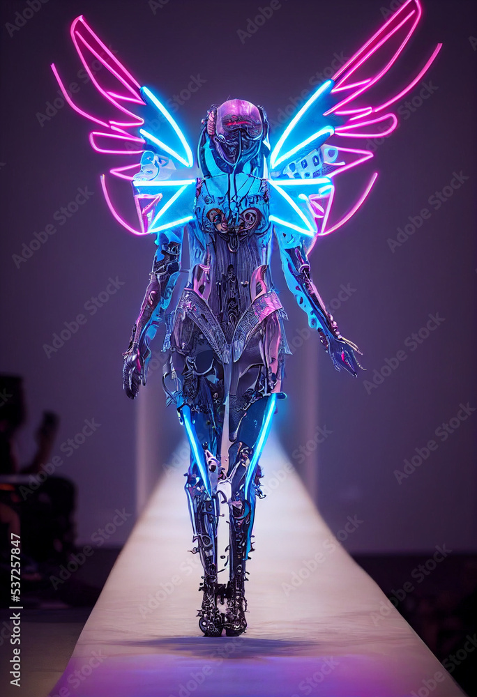 Beautiful cyberpunk cyborg with blue with glowing neon and lights on a ...