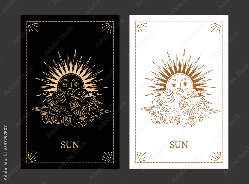Tarot cards. vector linear illustration of sun and cloud. Hand-drawn ...