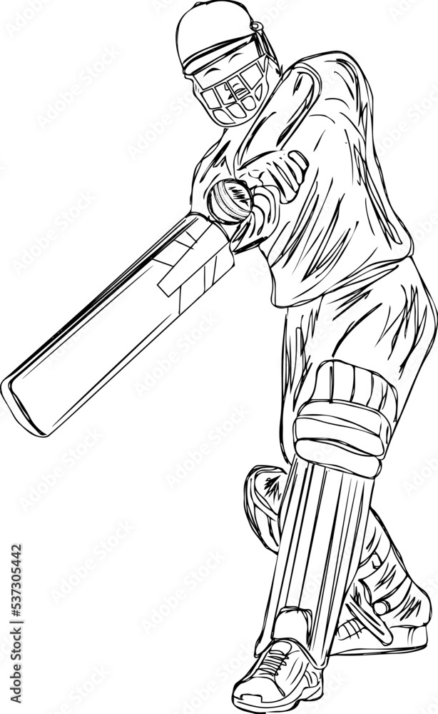 Cricket batsman sketch drawing, cartoon doodle silhouette of cricket ...