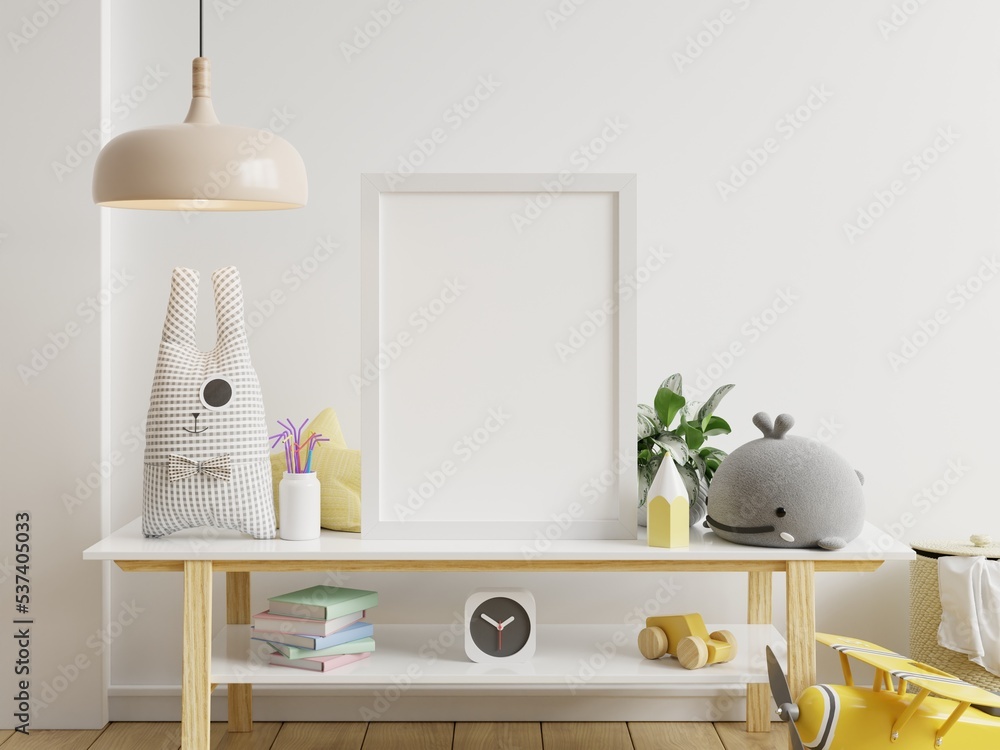 Mock up posters in child room interior, posters on empty white wall ...