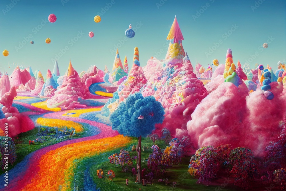 Candyland landscape, candies as trees, floating in the air, rainbow ...