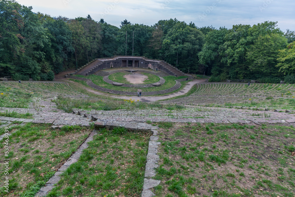 background, outside, panorama, amphitheater seats, building, mountain ...