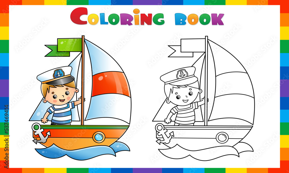 Coloring Page Outline Of cartoon sail ship with sailor. Images of ...