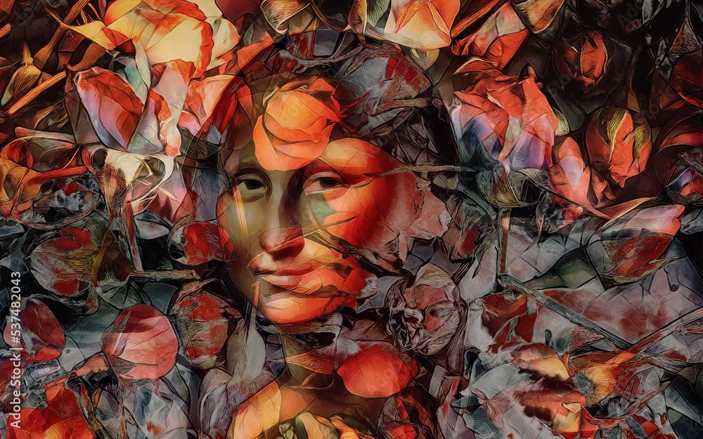 reproduction of Mona Lisa by Leonardo da Vinci in rose petals. Stock ...