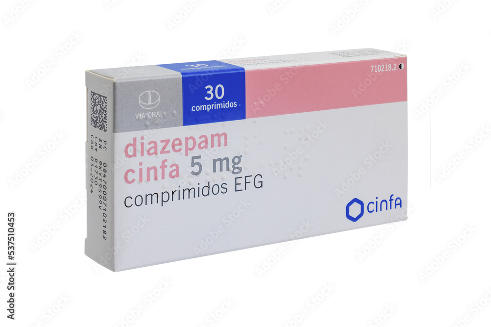 Huelva, Spain - October 12, 2022: Spanish Box of Diazepam brand Cinfa ...