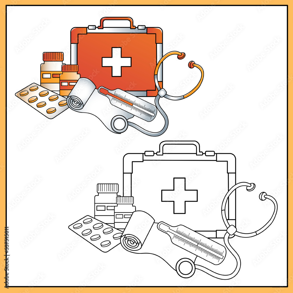 Coloring Page Outline Of first aid kit and professional instruments of ...