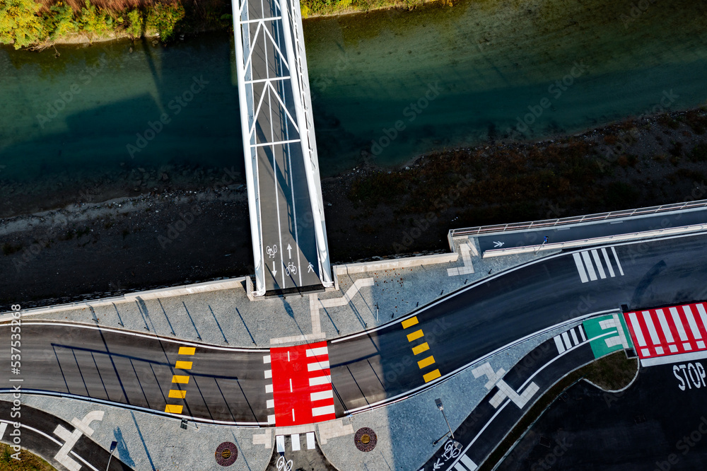 aerial view of bridge with bike path and road signs Stock Photo | Adobe ...