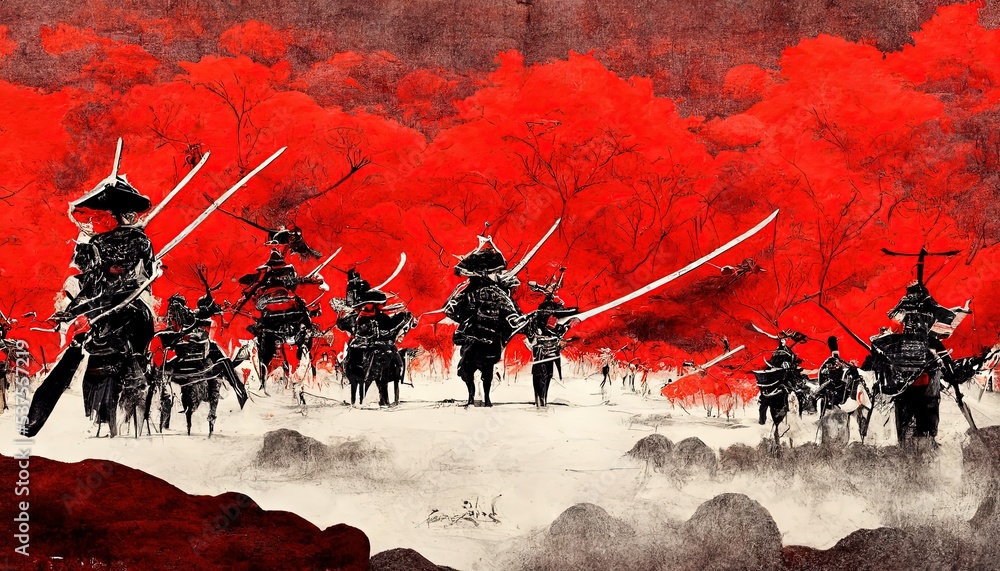 Ilustración de Stock Anime style, Japanese samurai army fighting with ...