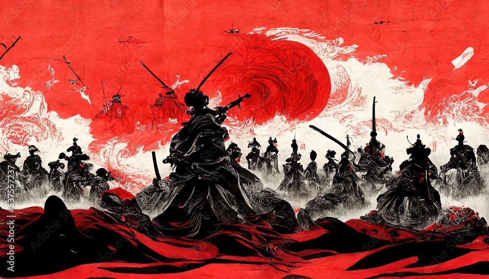 Anime style, Japanese samurai army fighting with enemy, large scene ...