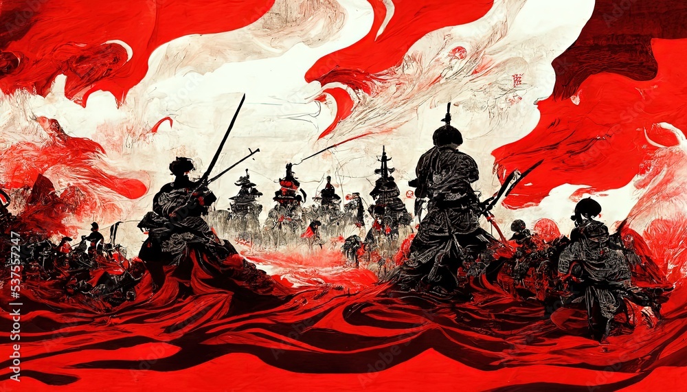 Anime style, Japanese samurai army fighting with enemy, large scene ...