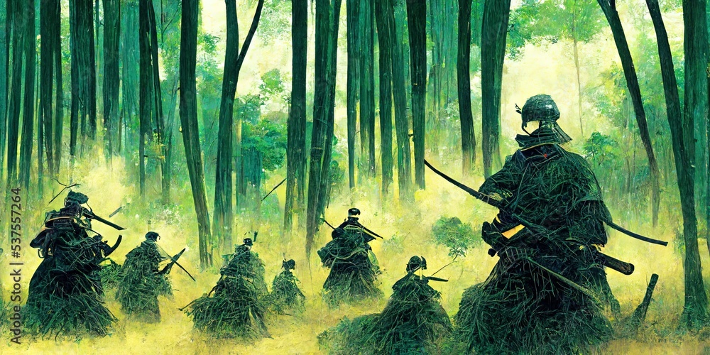 Anime style, Japanese samurai army fighting with enemy, large scene ...