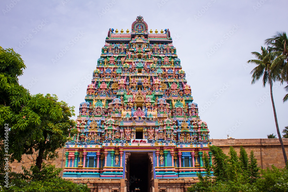 View of the main entrance tower of Jambukeswarar Temple ...