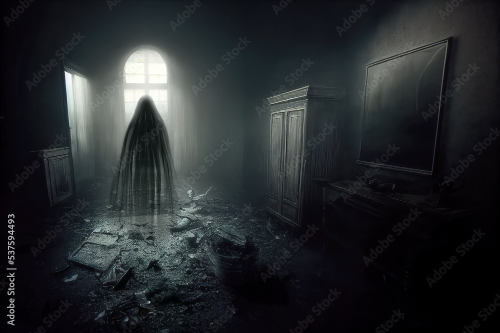 Dark semi transparent ghost figure in abandoned room, moonlit haunted ...